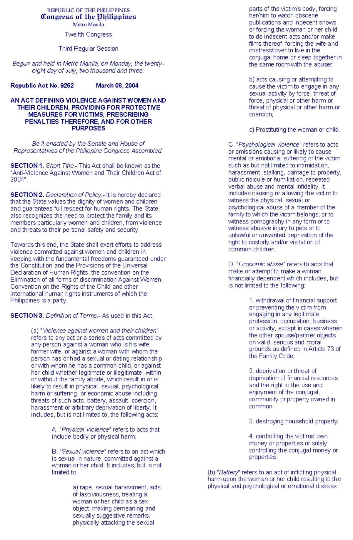 RA 9262 - FOR REFERENCE ONLY - Twelfth Congress Third Regular Session Begun and held in Metro ...