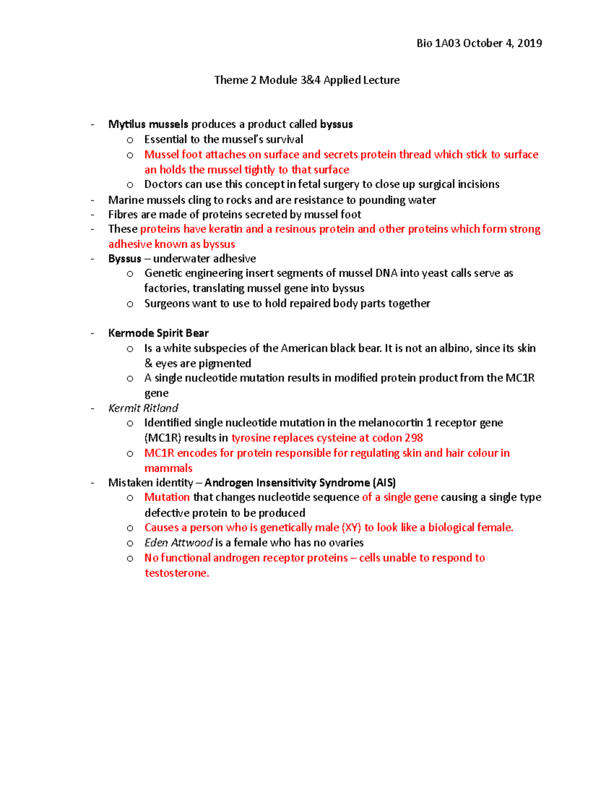 Theme 2 Module 3:4 Applied - Bio 1A03 October 4, 2019 Theme 2 Module 3 ...