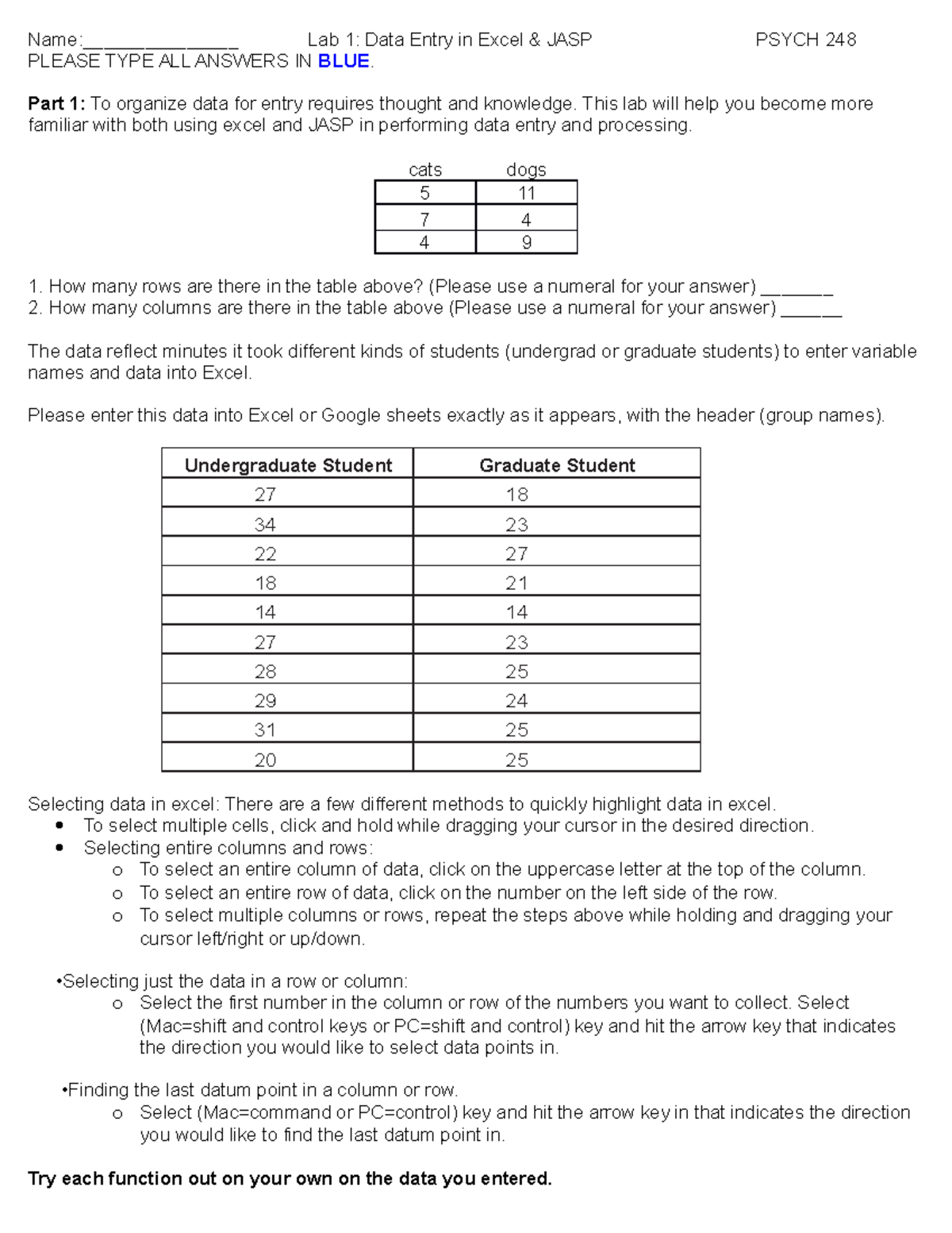 Lab 1 Worksheet - lab 1 ws - Name:_______________ Lab 1: Data Entry in ...