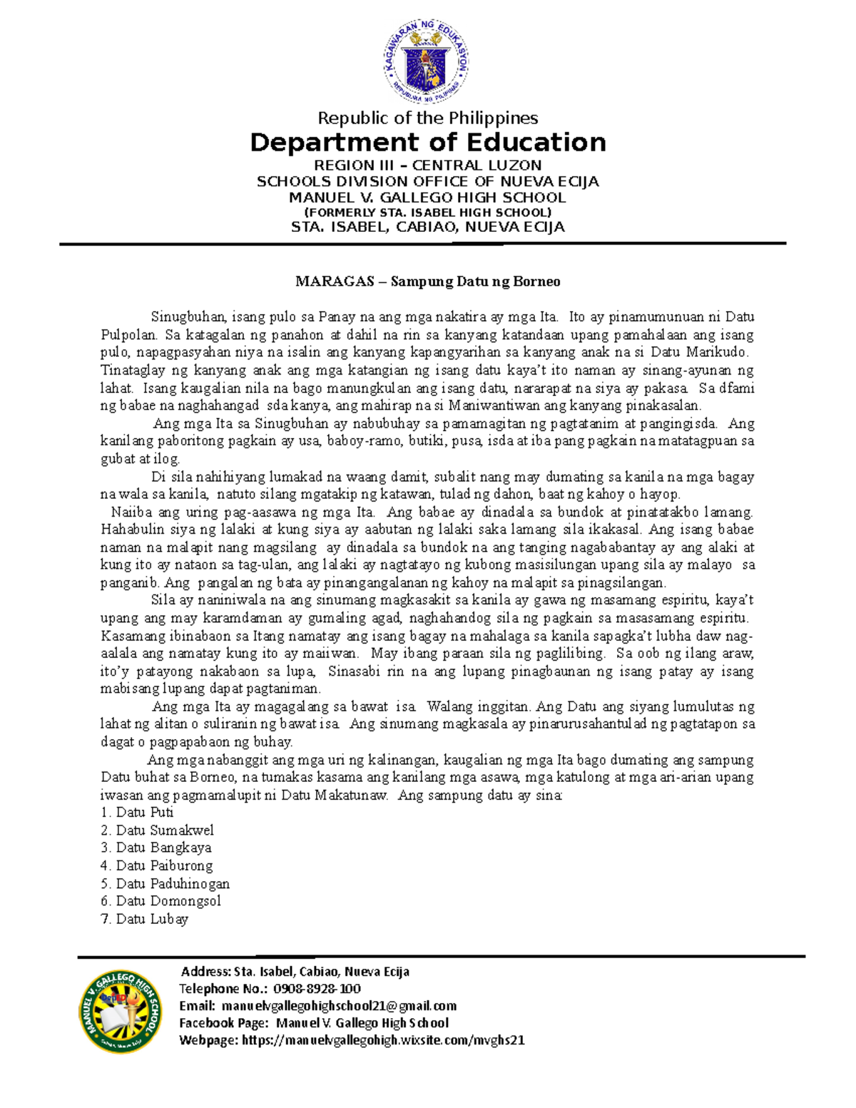 Maragas - sampung datu ng borneo - Republic of the Philippines ...