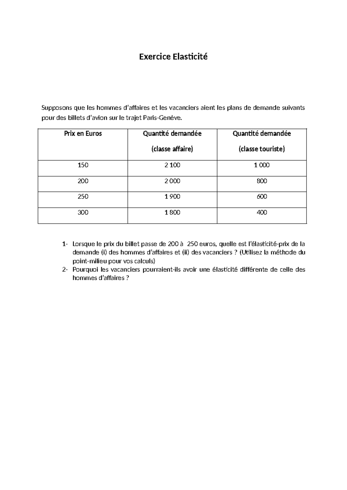 Exercice 2Elasticit Ã©Billets Avions Gbbamoodle - Exercice Elasticité ...
