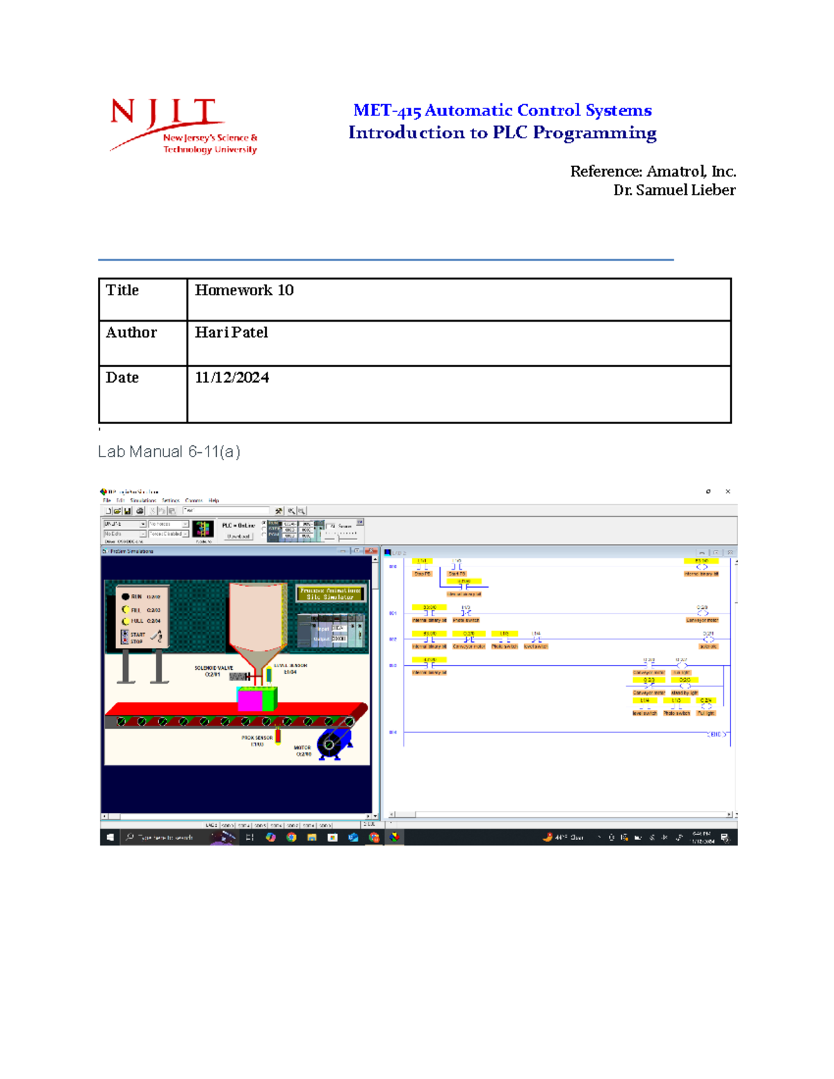 Hw 10 MET 415 - hw 10 - MET 415 - MET-415 Automatic Control Systems Introduction to PLC ...