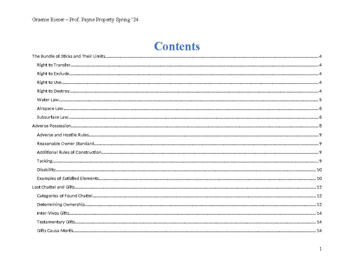 Property Outline Final - Contents The Bundle of Sticks and Their - Studocu