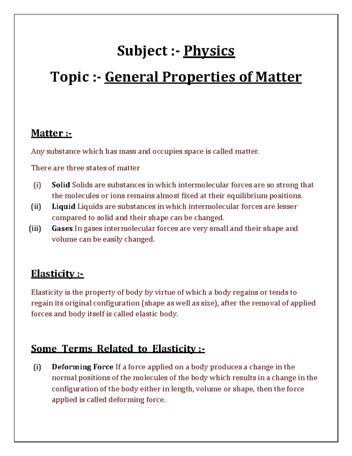 General properties of matter class notes - Physics - Calcutta ...