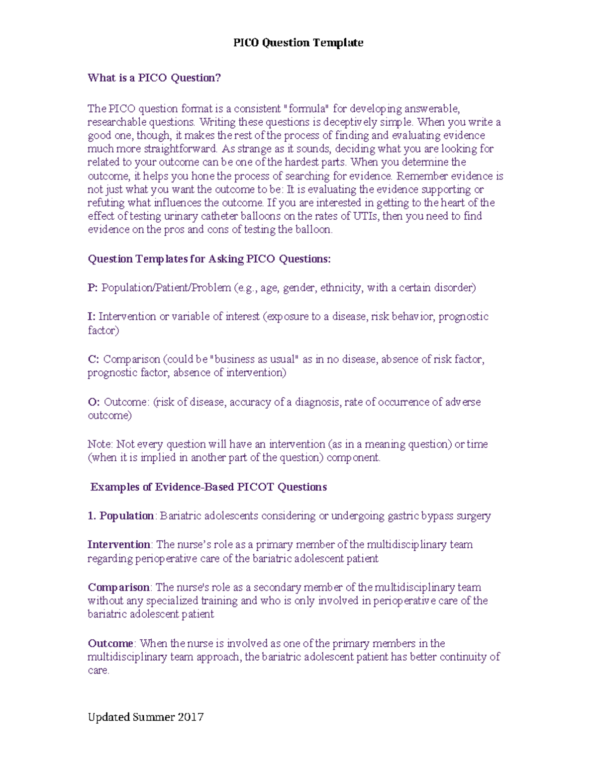 Picotquestion Template S 17 - PICO Question Template What is a PICO ...