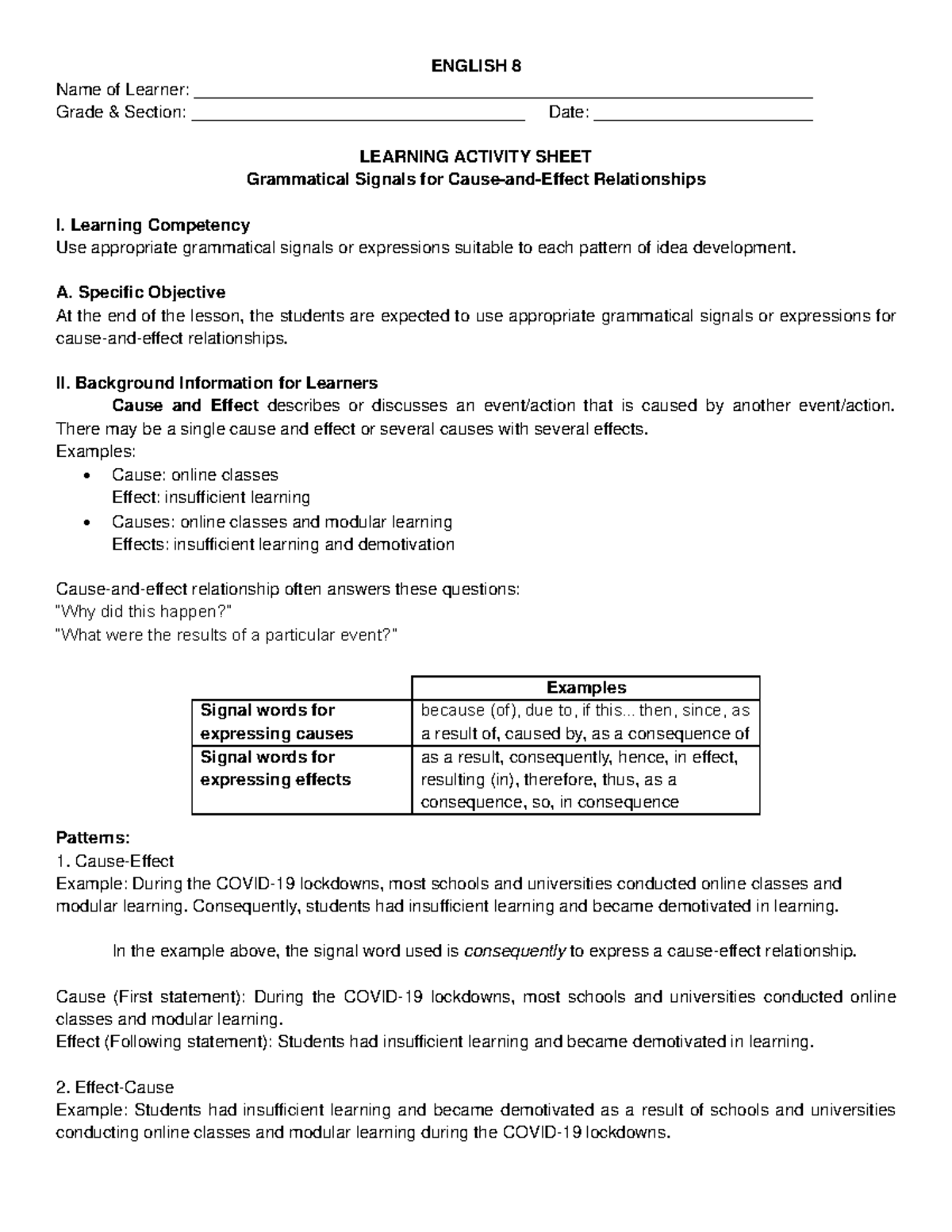 English 8 - Learning Activity Sheet (Grammatical Signals for Cause ...