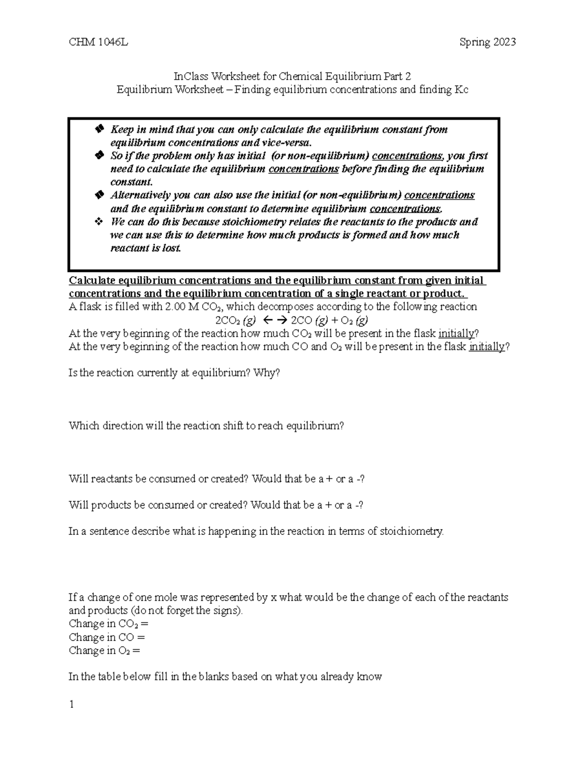 In Class Worksheet for Eqbm Part 2 - InClass Worksheet for Chemical ...