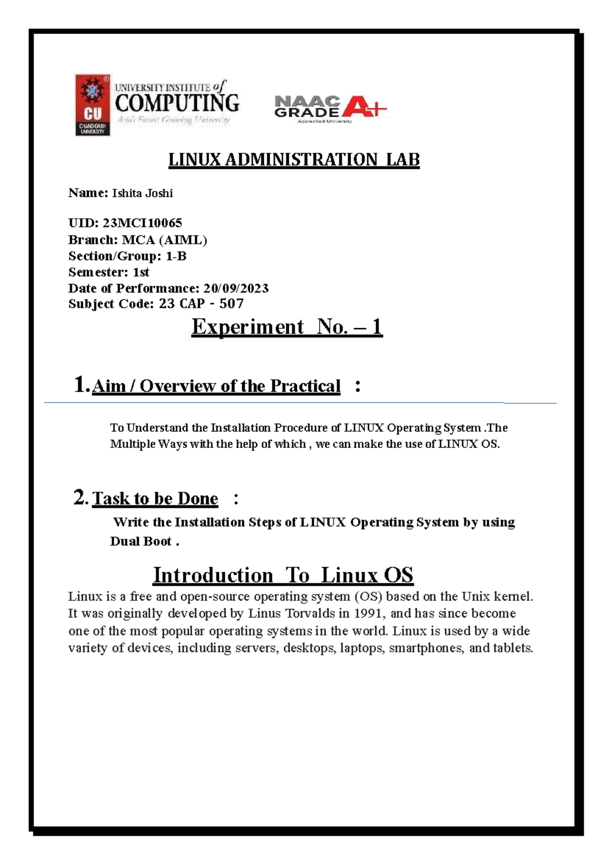 Linux suchi - LINUX ADMINISTRATION LAB Name: Ishita Joshi UID: 23MCI Branch: MCA (AIML) - Studocu