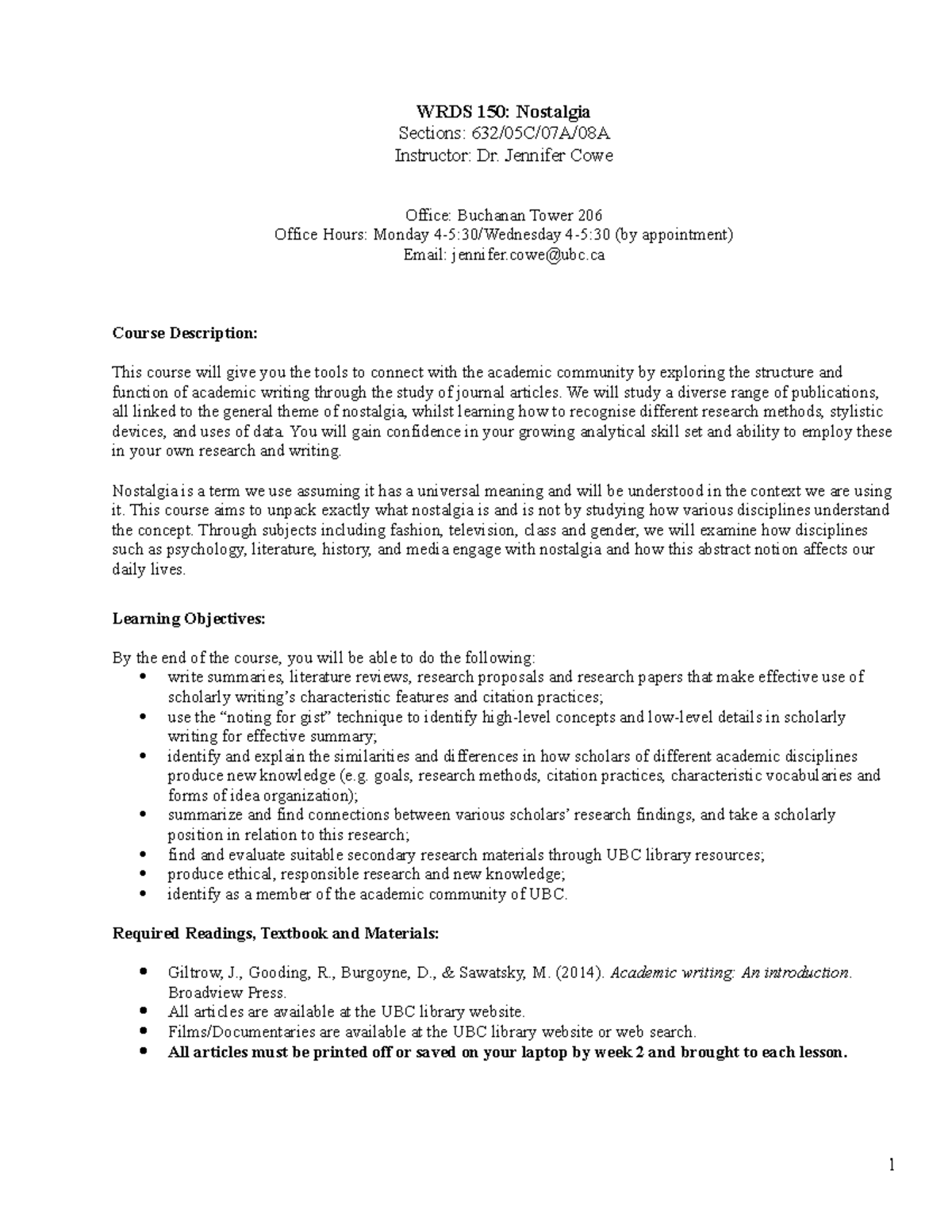 WRDS 150 Syllabus - WRDS 150: Nostalgia Sections: 632/05C/07A/08A ...