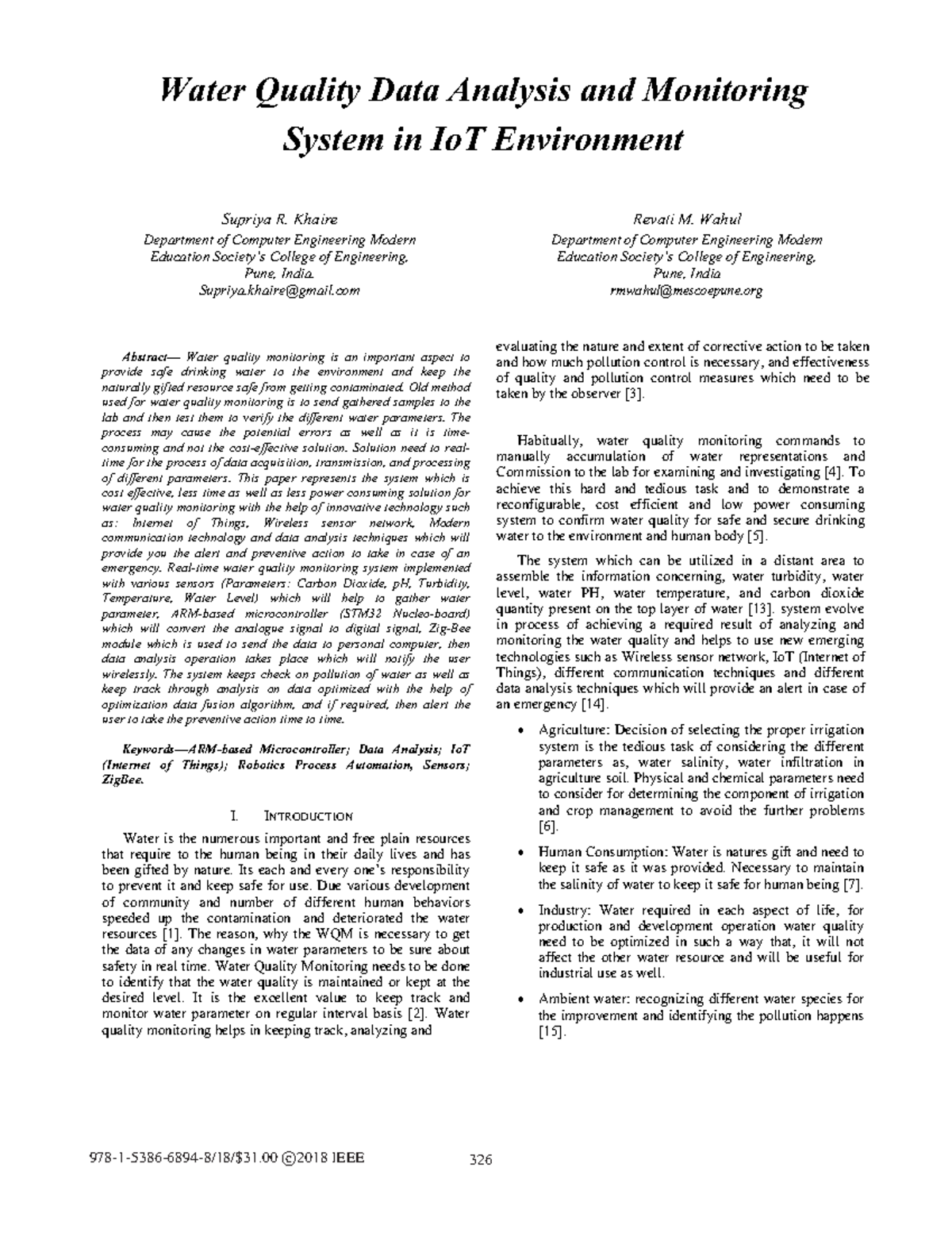 Water Quality Data Analysis and Monitoring System in Io T Environment ...