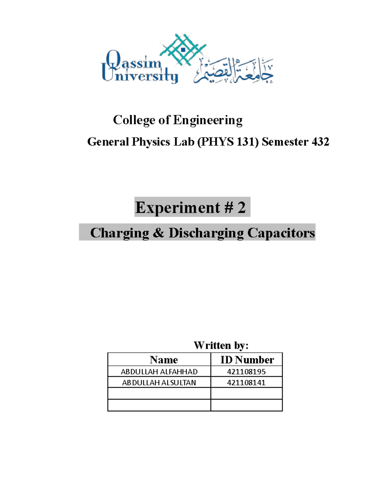 Exp222 - College of Engineering General Physics Lab (PHYS 131) Semester ...