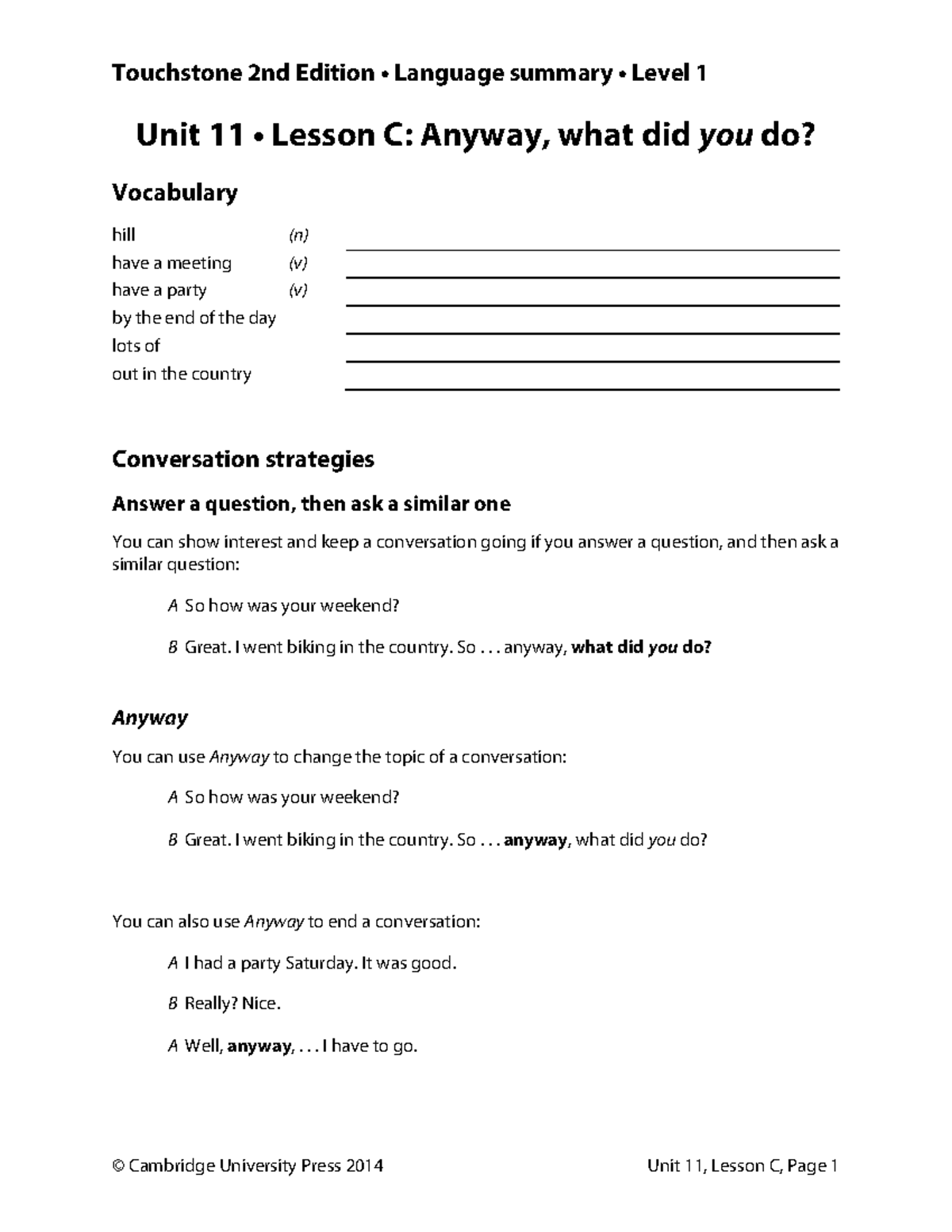 TS2e L1 U11 LC Langsum - Lectura - Touchstone 2nd Edition • Language summary • Level 1 Unit 11 ...