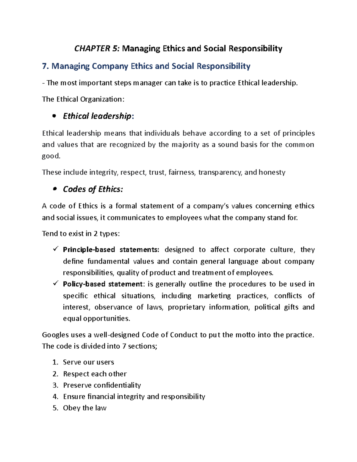 Chapter 5 - managing ethics and social responsibility - CHAPTER 5 ...