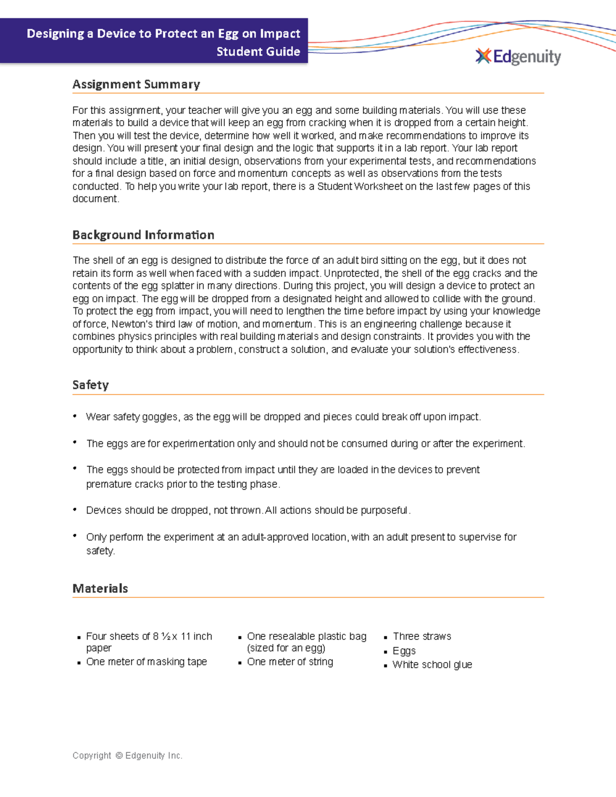 2Project-Egg Drop-student guide 2 - Designing a Device to Protect an ...