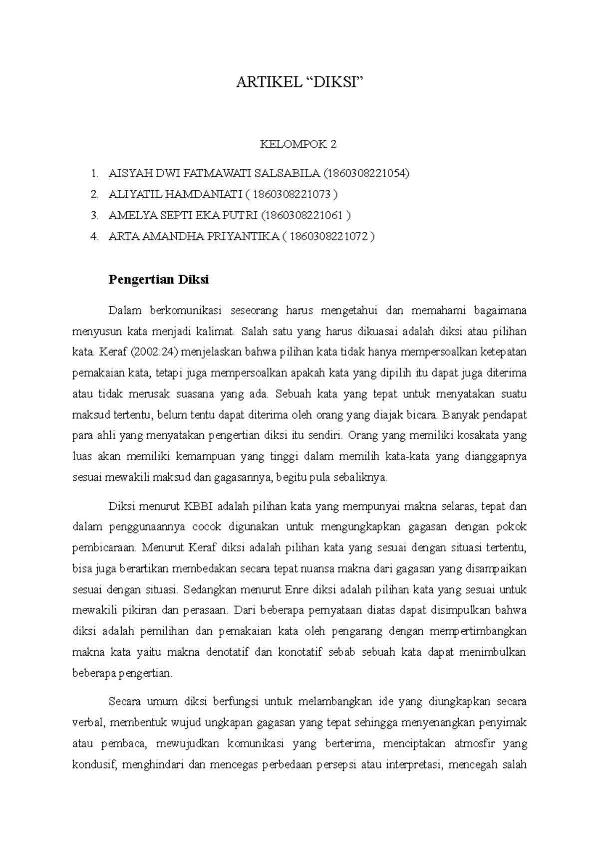KEL 02 Diksi - Tugas - ARTIKEL “DIKSI” KELOMPOK 2 1. AISYAH DWI FATMAWATI SALSABILA ...