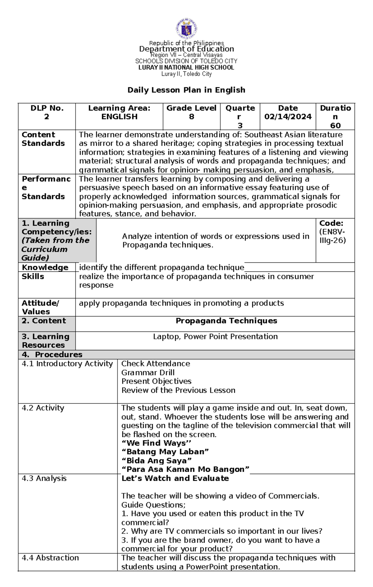 DLP-Format-2-Paras-Julli-Ann-Grade-8 - Department of Education Region ...