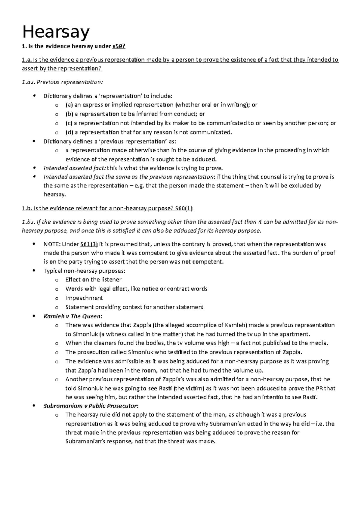 2. Hearsay - Hearsay Is the evidence hearsay under s59? Is the evidence ...
