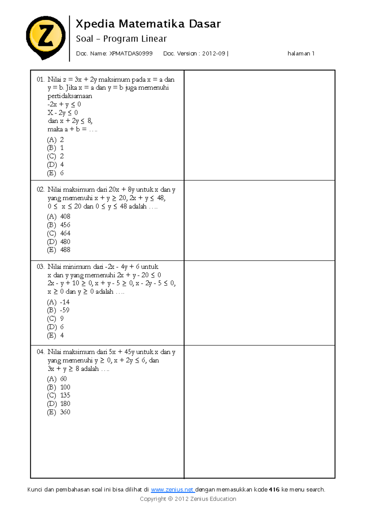 Soal Program Linear - Xpedia Matematika Dasar Doc. Name: XPMATDAS0999 ...