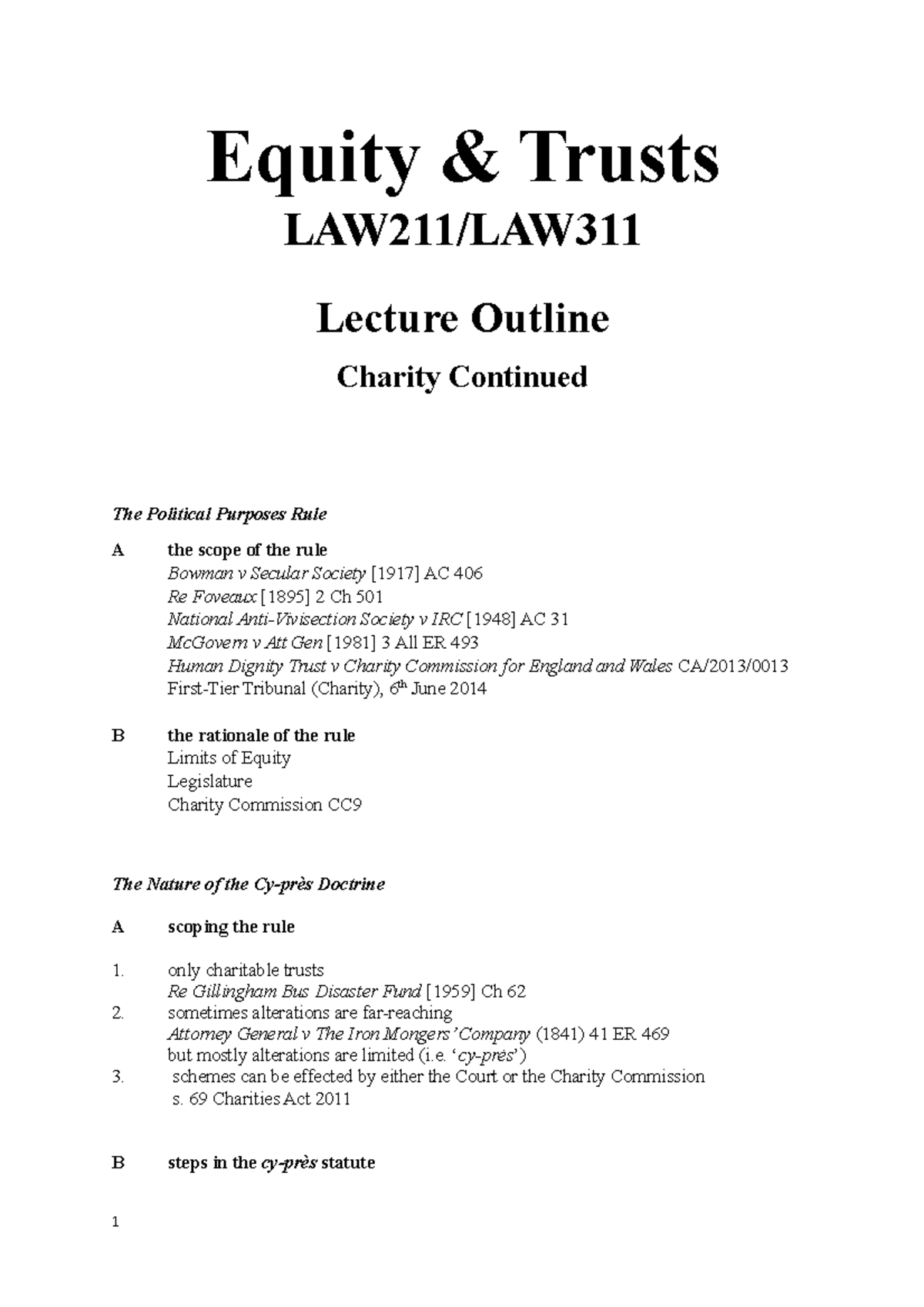 2022-23 - Lecture Outline - Charities Continued - Equity & Trusts LAW211/LAW Lecture Outline ...