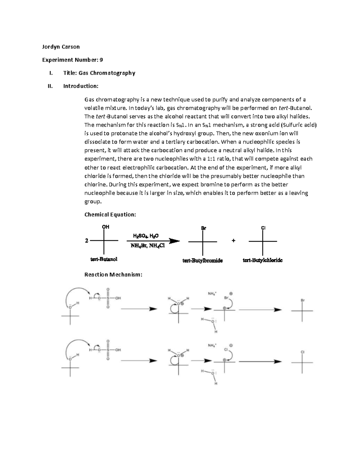 EXP 9 - Gas chromatography - Jordyn Carson Experiment Number: 9 I ...