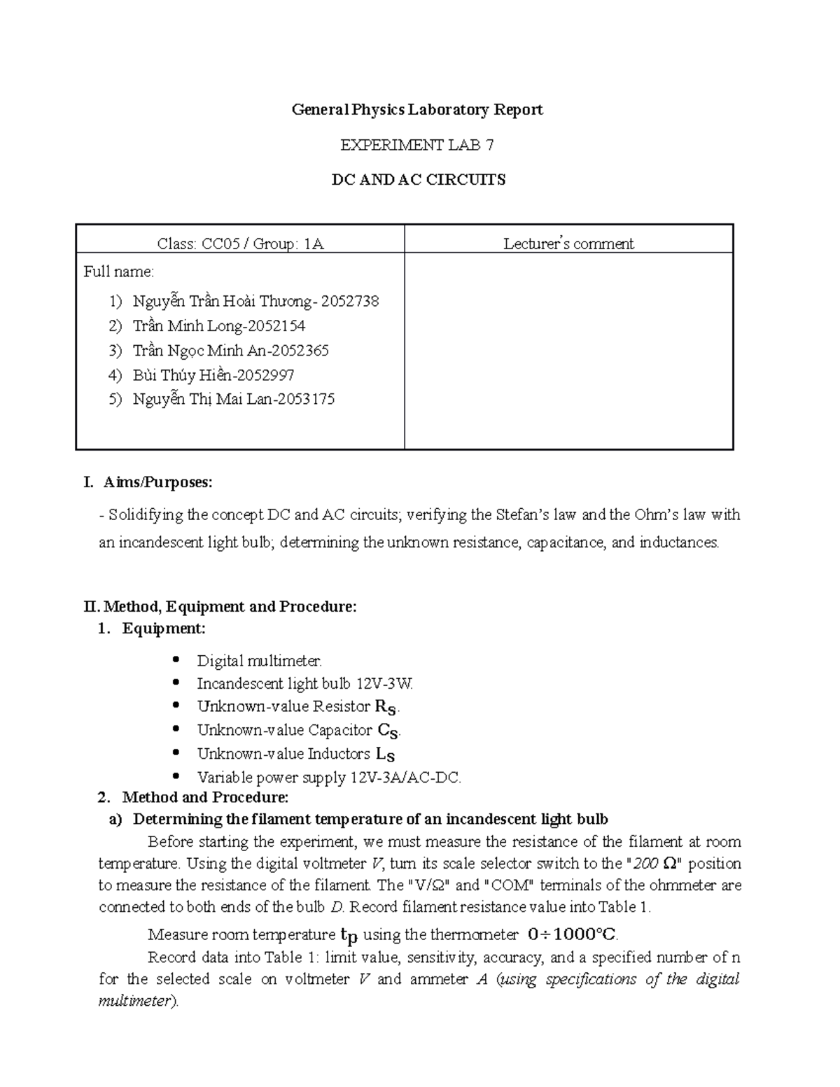 Group 1A Lab 7 - Hello - General Physics Laboratory Report EXPERIMENT ...