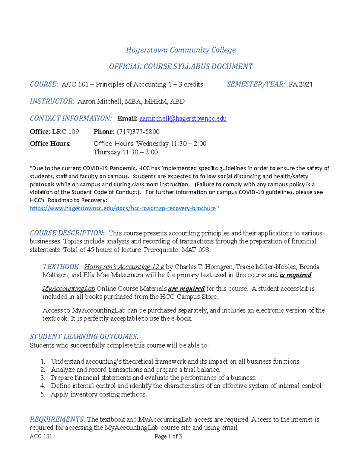 ACC 101 Syllabus FA21 - Hagerstown Community College OFFICIAL COURSE ...