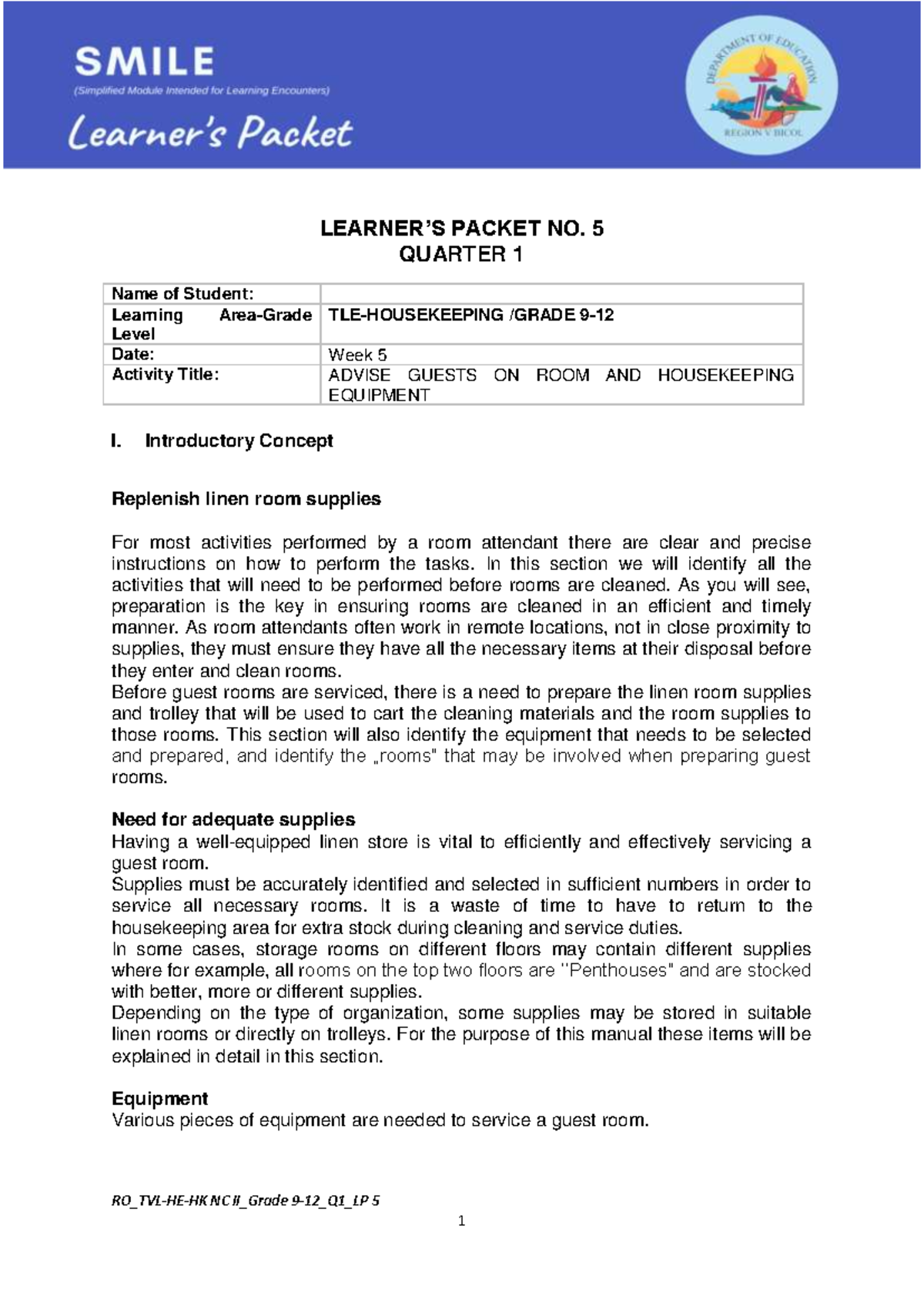 Housekeeping Notes for studying - RO_TVL-HE-HK NC II_Grade 9-12_Q1_LP 5 ...