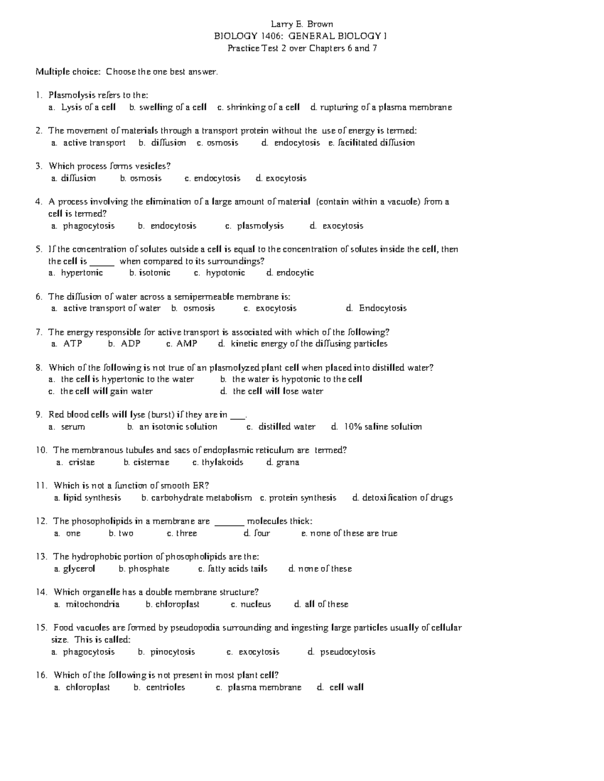 Document - quiz - Larry E. Brown BIOLOGY 1406: GENERAL BIOLOGY I ...