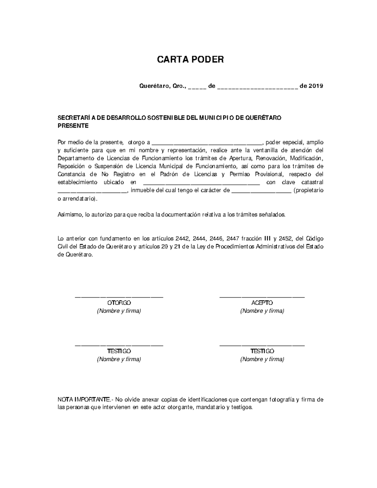 Formato DE Carta Poder Simple - CARTA PODER Querétaro, Qro., _____ de