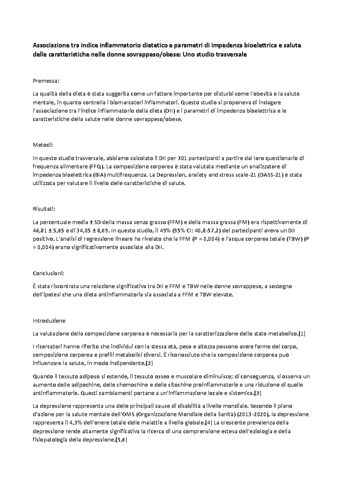 Bioimpedenza e indice infiammatorio - studio clinico - Associazione tra ...