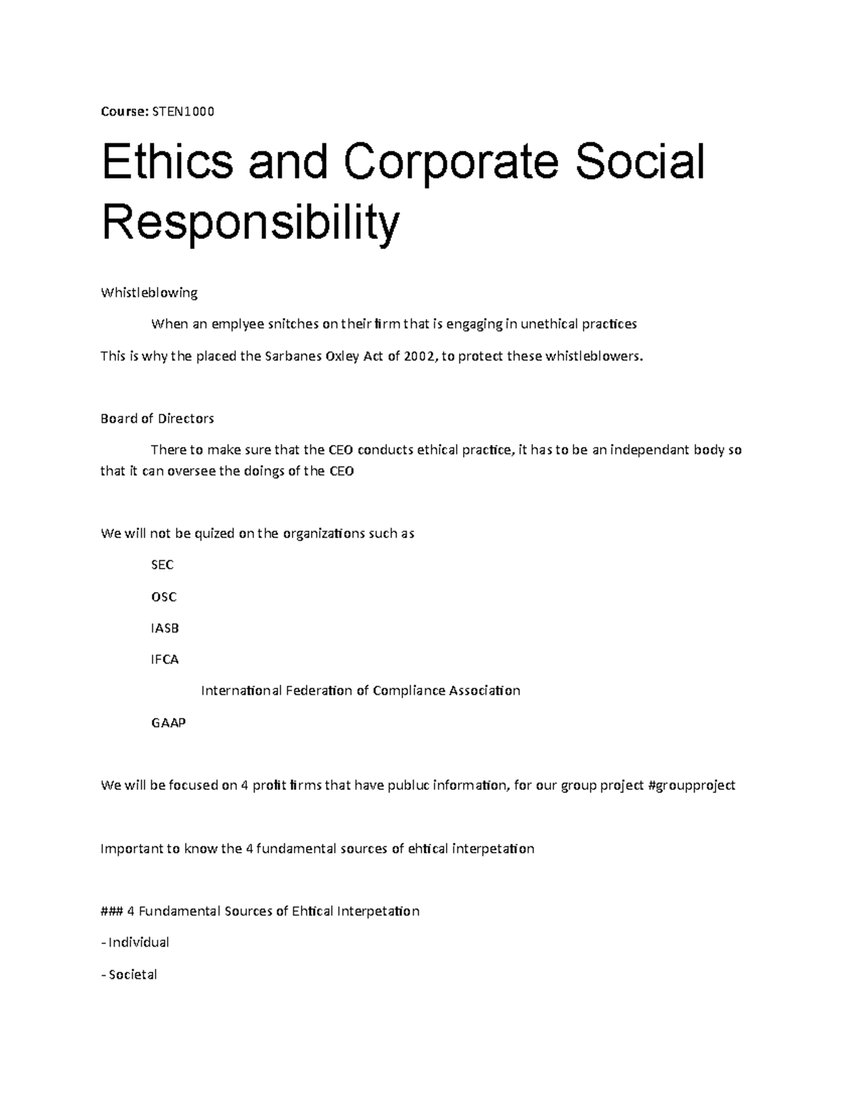 Ethics and Corporate Social Responsibility - Course: STEN Ethics and ...