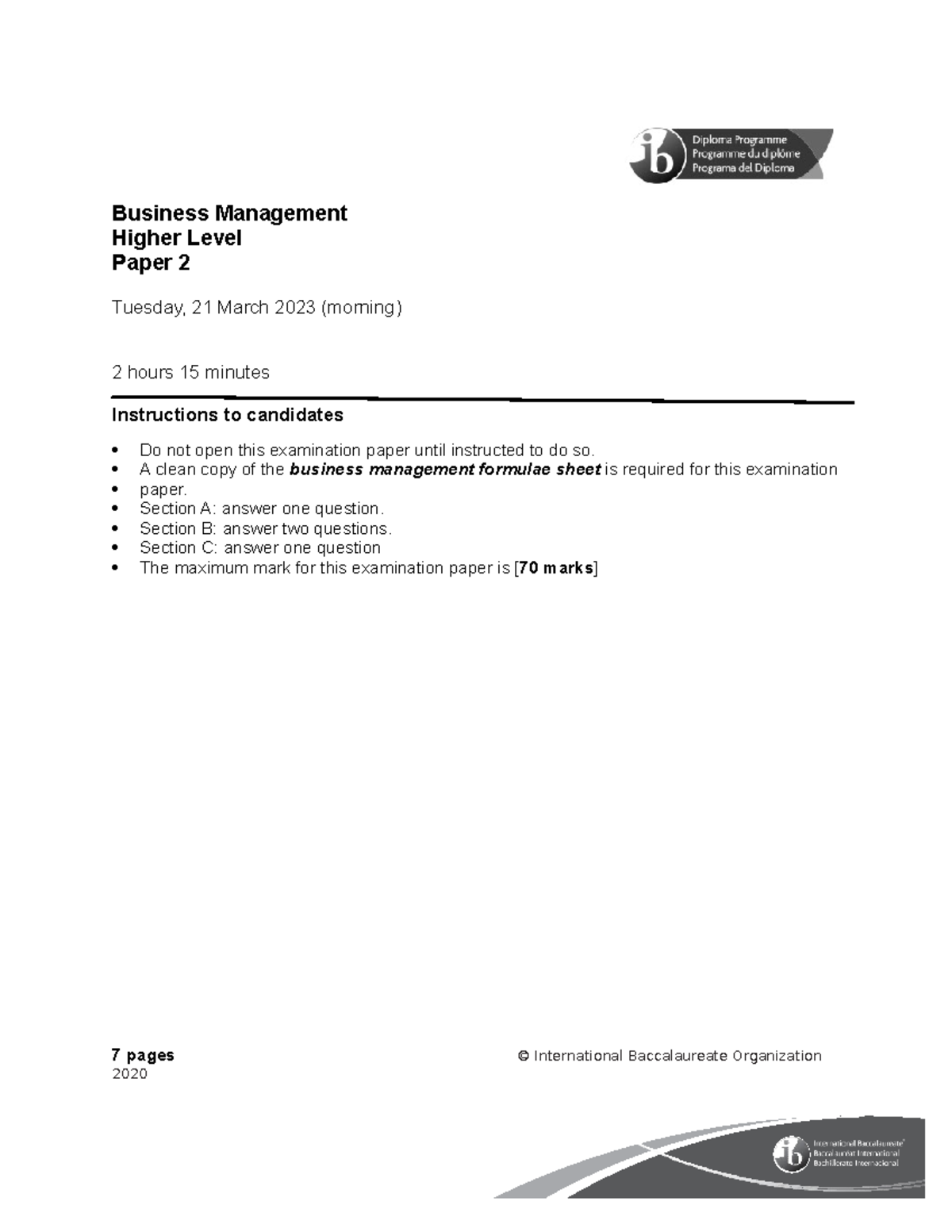 Business Management Paper 2 - Business Management Higher Level Paper 2 ...