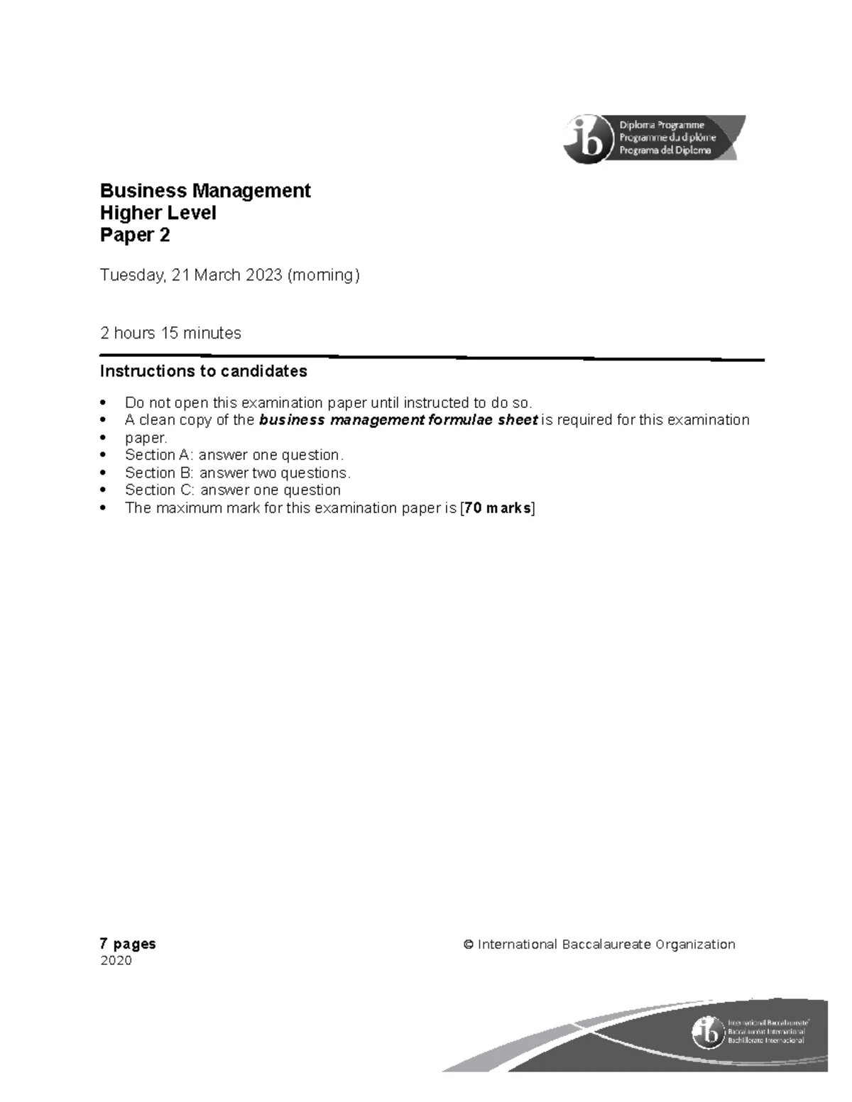 Business Management Paper 1 - Business management Higher level Paper 1 ...