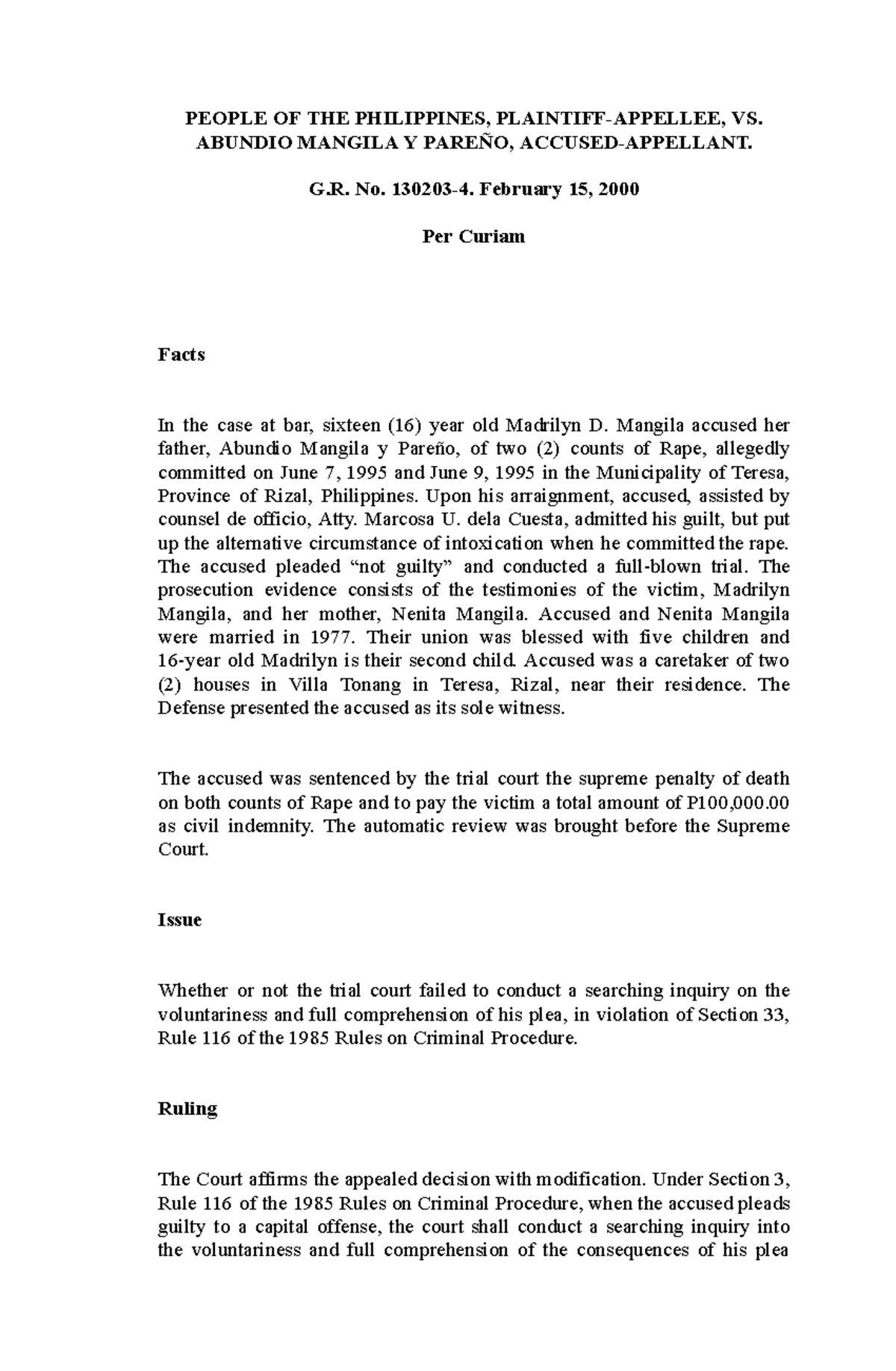 RULE 116 - Rule 116 case digests - PEOPLE OF THE PHILIPPINES, PLAINTIFF-APPELLEE, VS. ABUNDIO ...