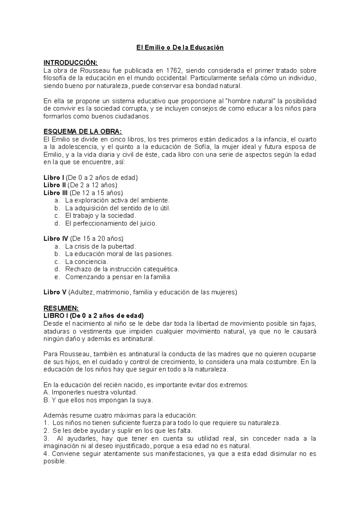 El Emilio - resumen - El Emilio o De la Educación INTRODUCCIÓN: La obra ...