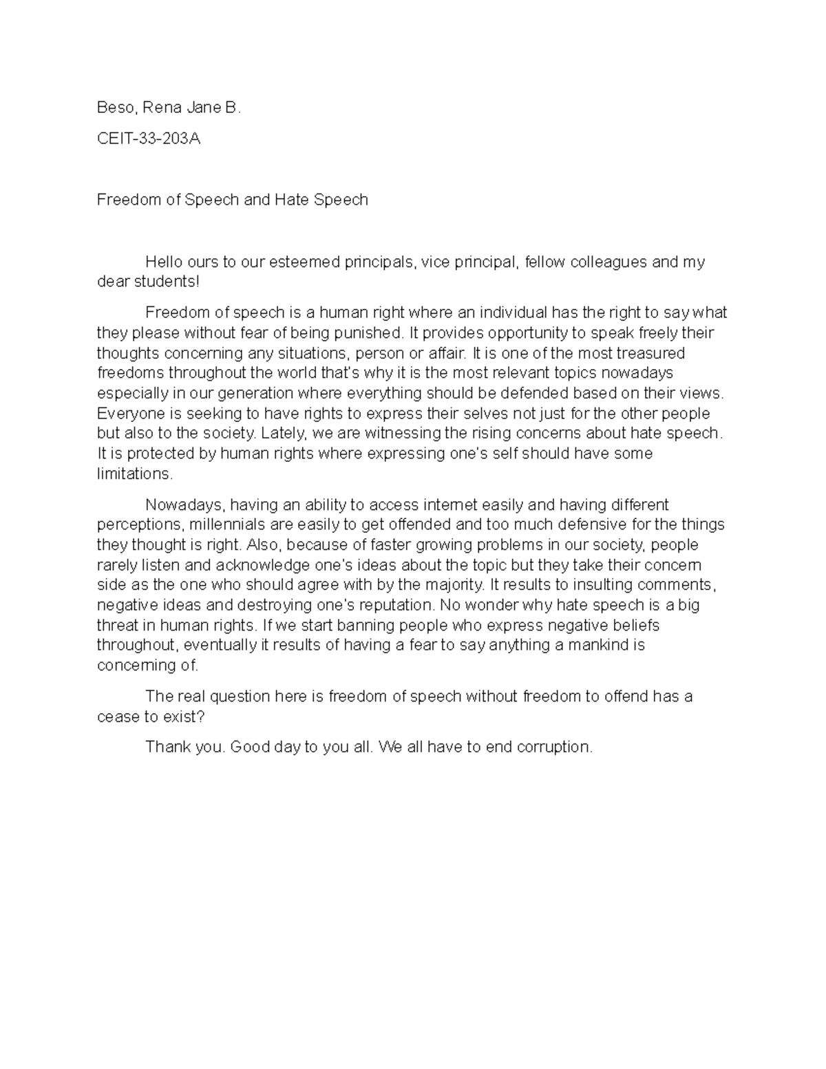 Freedom of speech vs. Hate speech - Beso, Rena Jane B. CEIT-33-203A ...