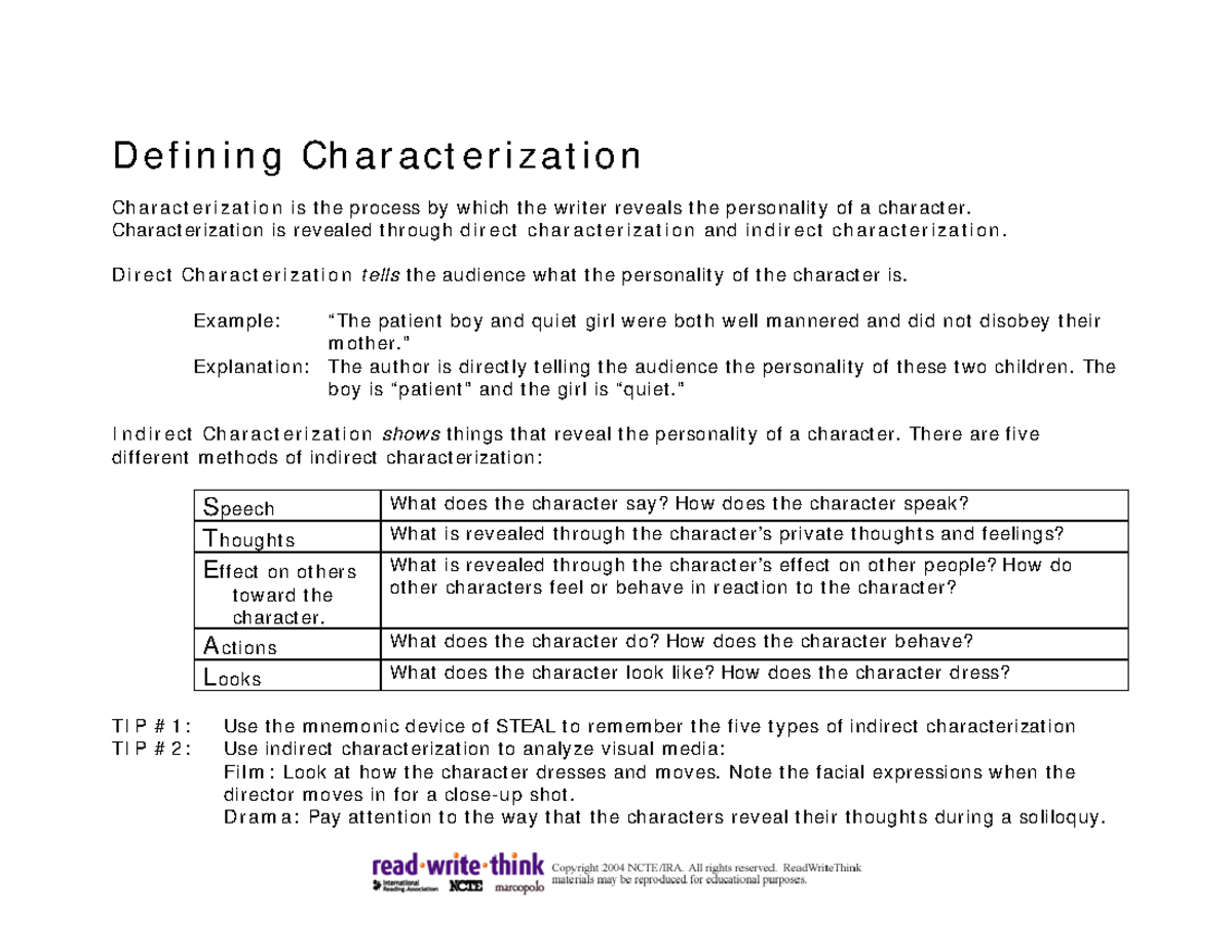 Characterization-Handout - Defining Characterization Characterization ...