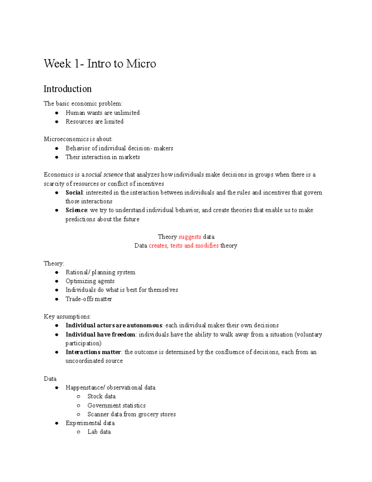 Micro Lecture Notes 1-6 - Week 1- Intro to Micro Introduction The basic ...