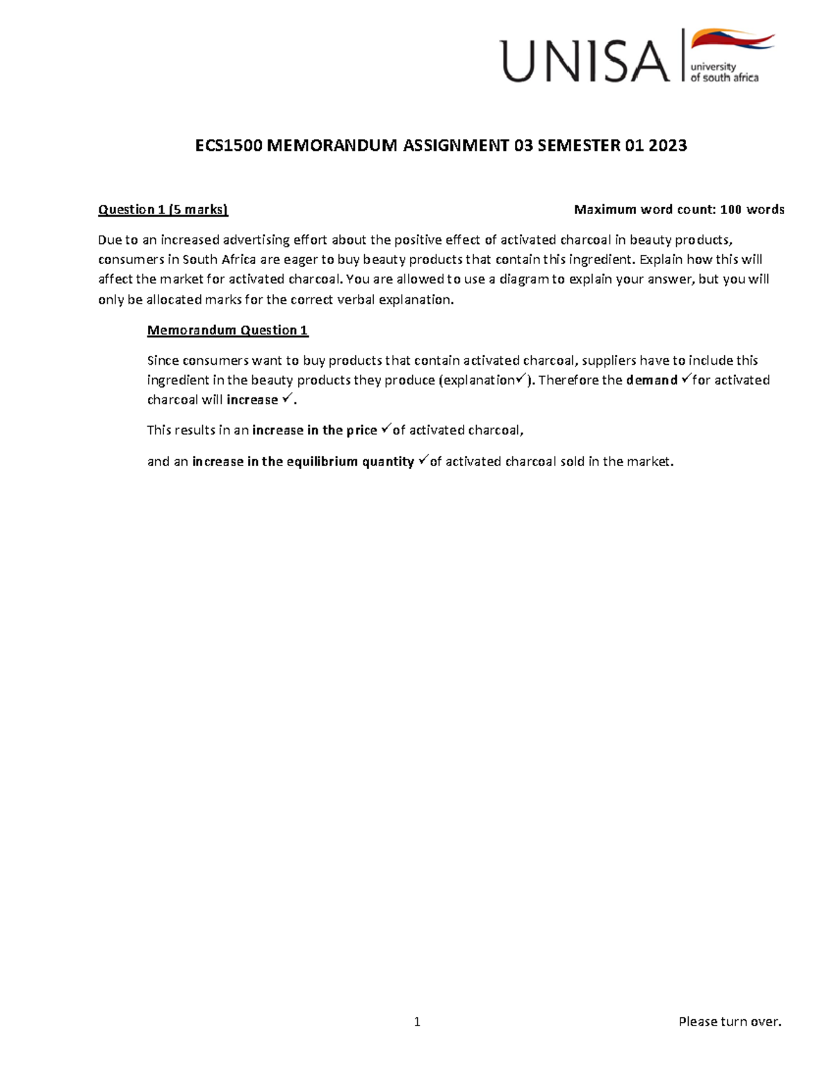 ECS1500 Memorandum Assignment 03 Semester 01 2023 - 1 Please turn over. ECS1500 MEMORANDUM - Studocu