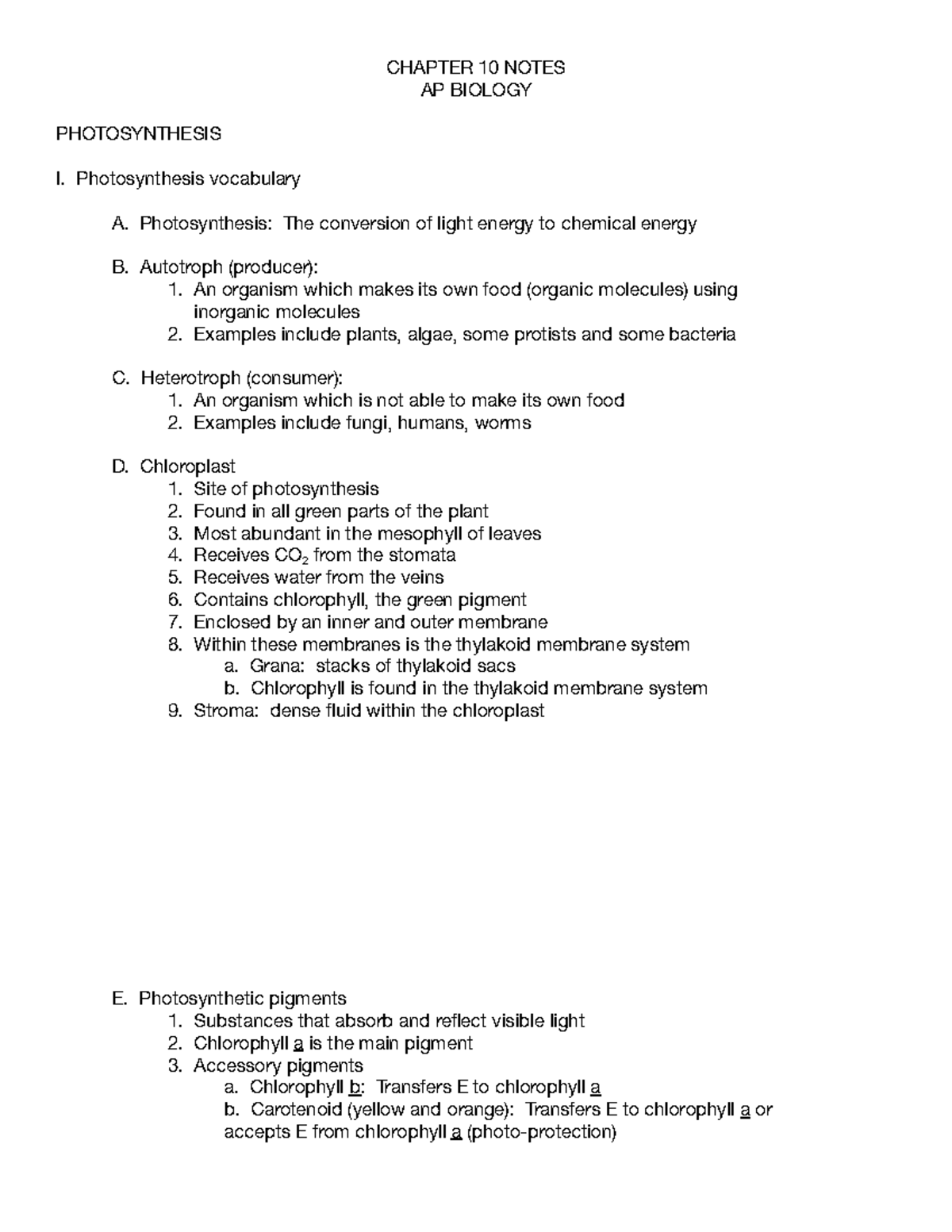 Chapter 10 notes: PHOTOSYNTHESIS - CHAPTER 10 NOTES AP BIOLOGY ...