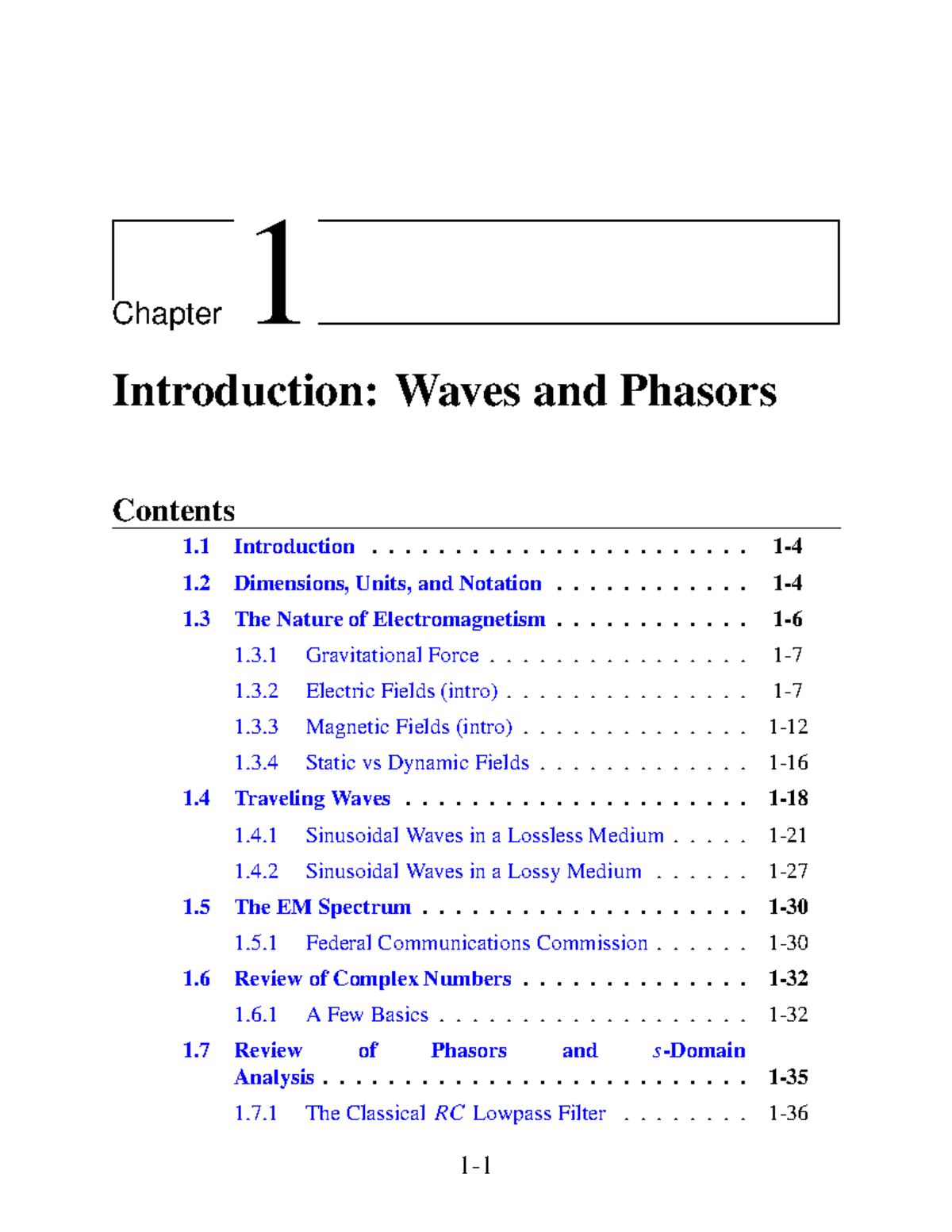 N3110 1 - Electromagnetics - Introduction: Waves and Phasors Chapter 1 Introduction 1- Contents ...