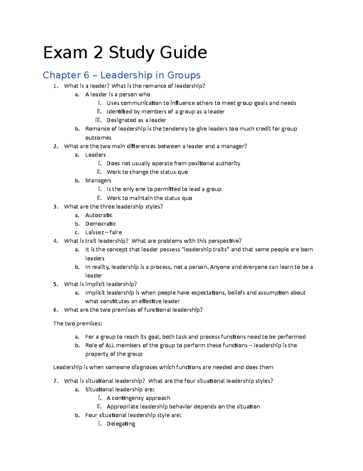 Exam 2 Study Guide - Exam 2 Study Guide Chapter 6 – Leadership in Groups What is a leader? What ...