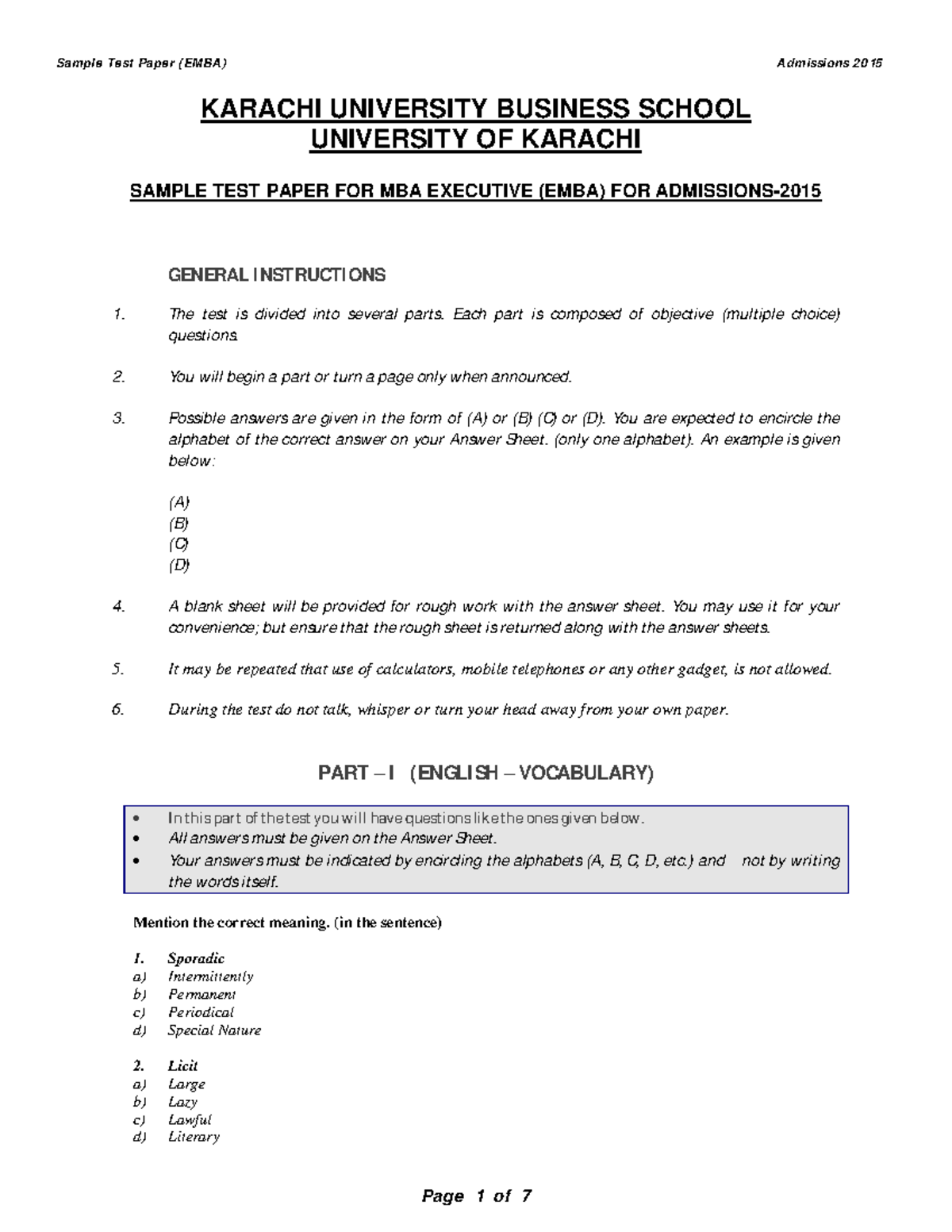 Sample-mba-ex - KARACHI UNIVERSITY BUSINESS SCHOOL UNIVERSITY OF ...