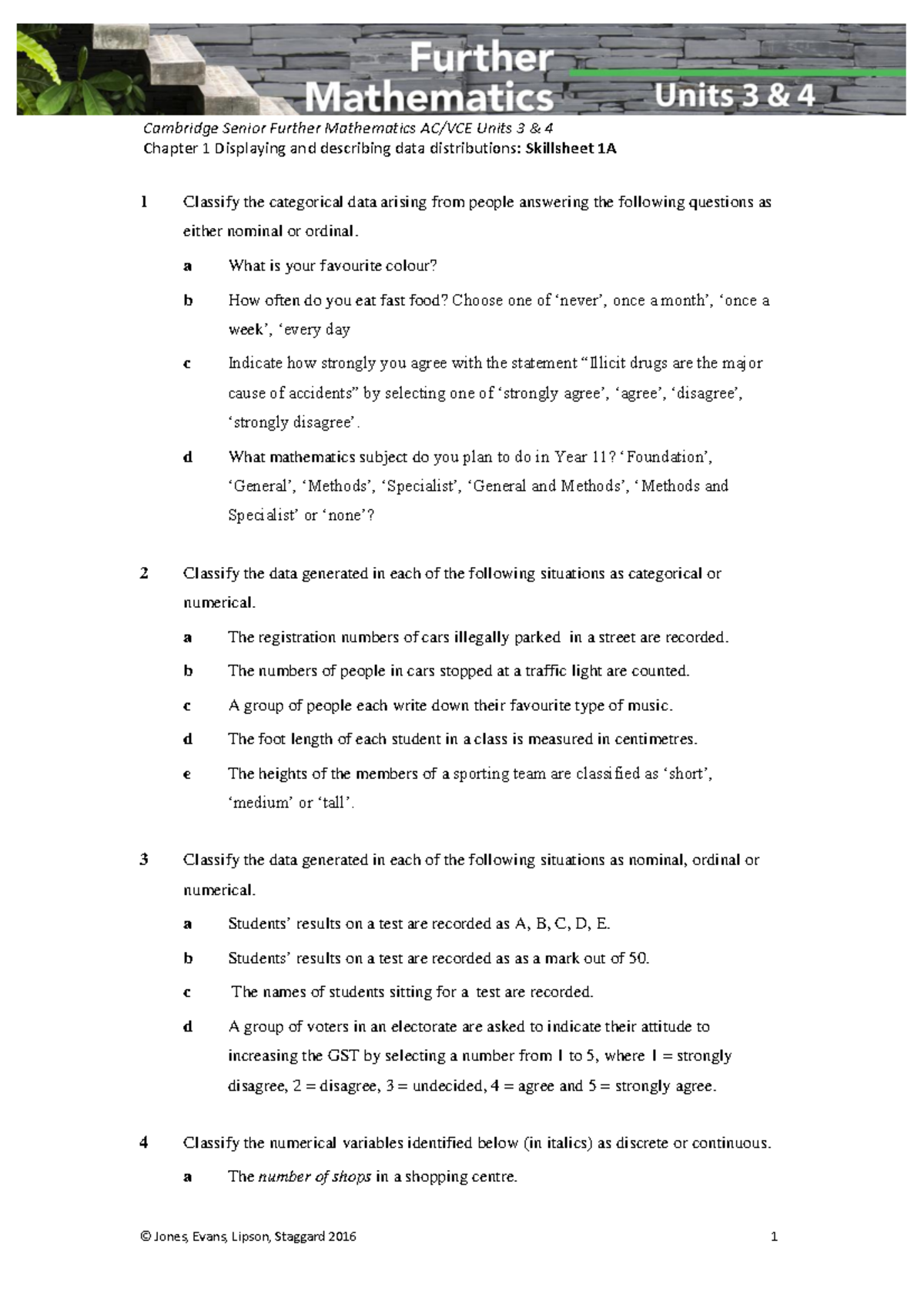 Skillsheet-1A - skillsheet 1A - © Jones, Evans, Lipson, Staggard 2016 1 Cambridge Senior Further ...