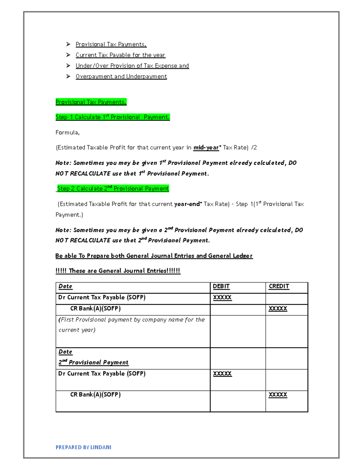 Current TAX Payable Summary - Provisional Tax Payments, Current Tax ...