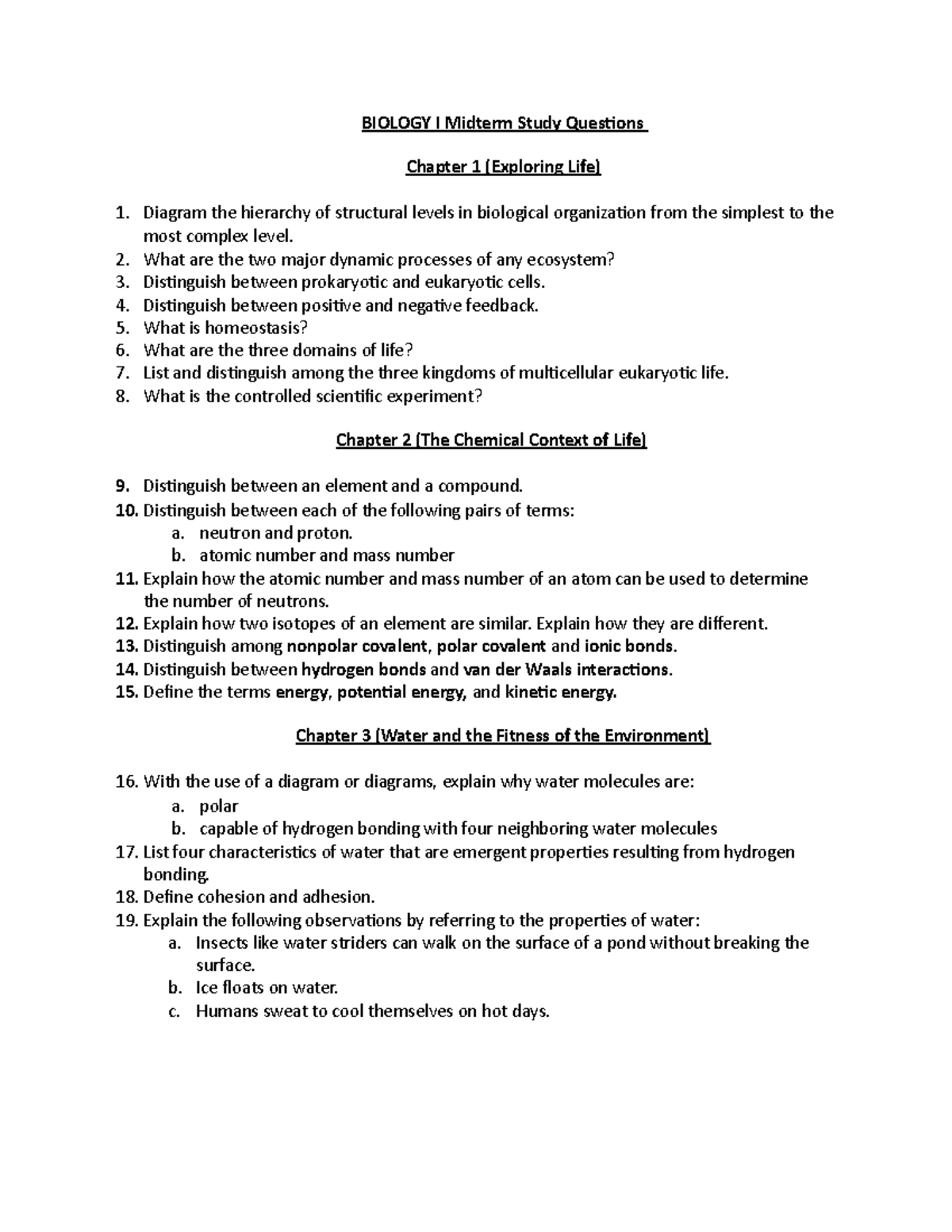 Biology Midterm Review Questions - BIOLOGY I Midterm Study Questions ...