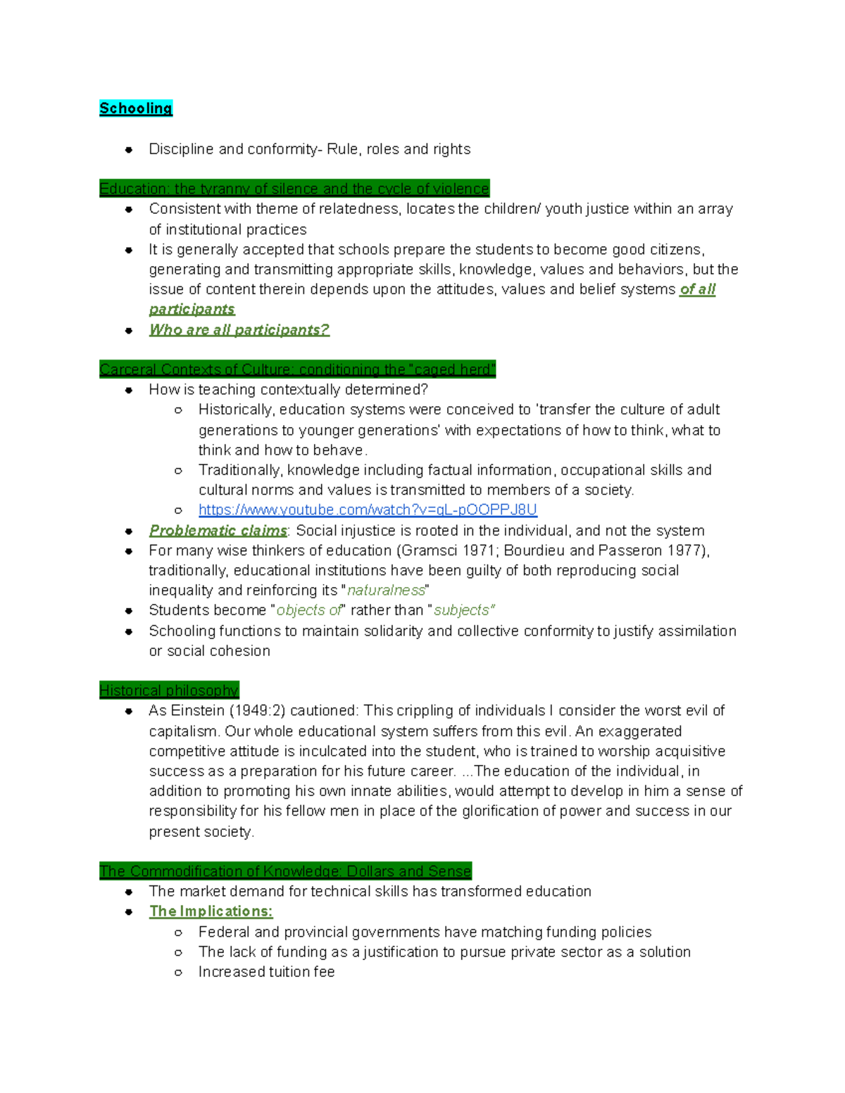 Notes 5 = justcie - Schooling Discipline and conformity- Rule, roles ...
