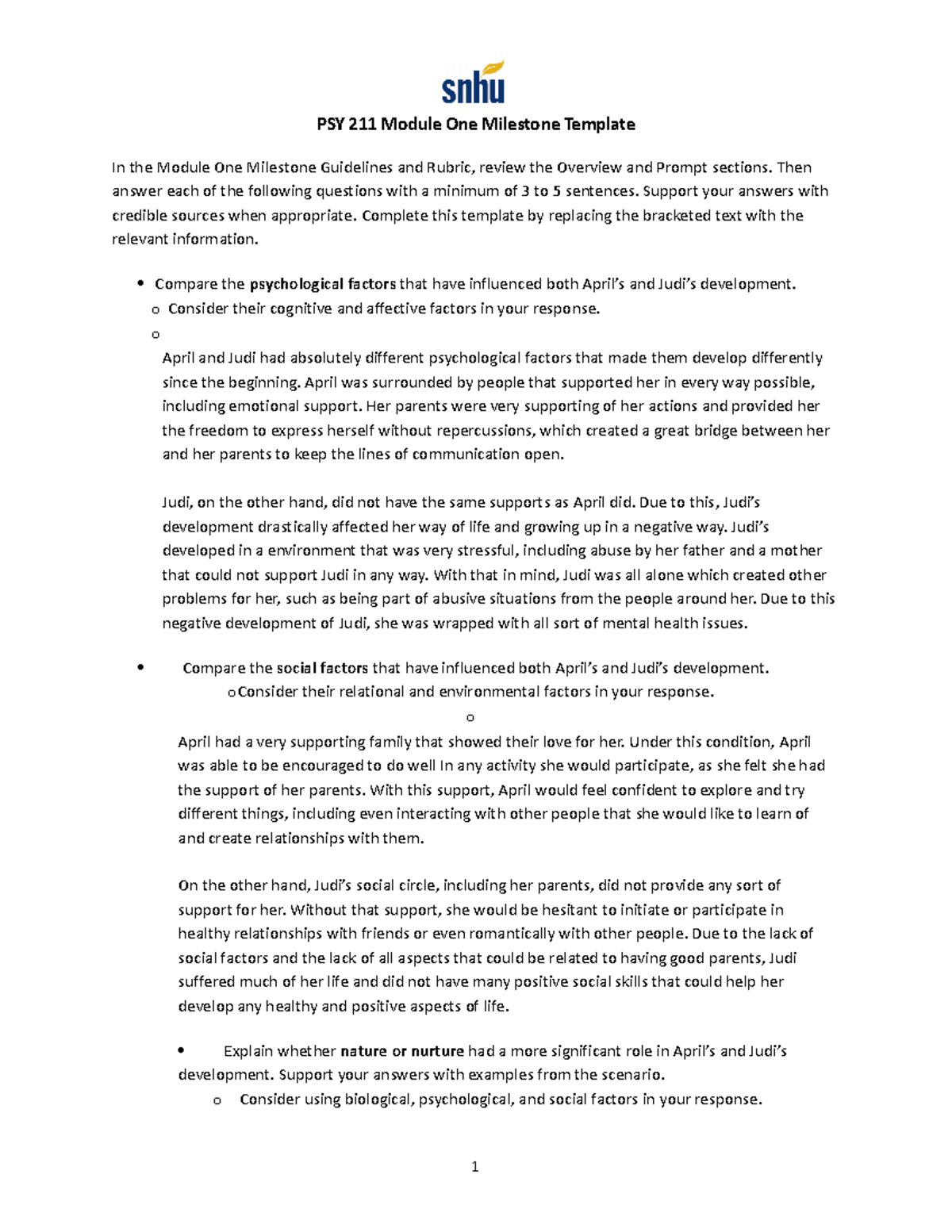 PSY 211 Module One Milestone Template - Then answer each of the ...