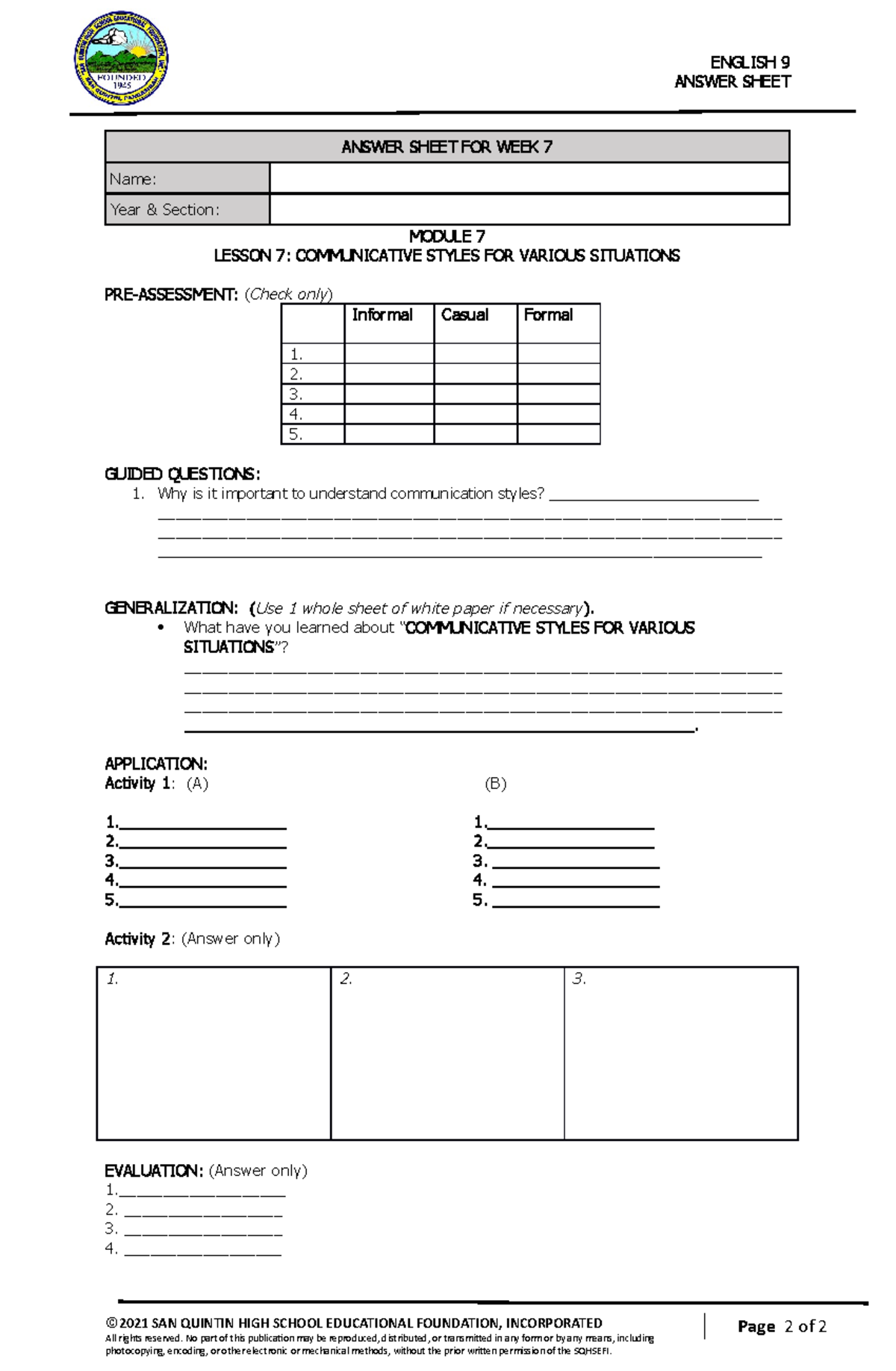 Answer Sheet FOR WEEK 7 & 8 Answer Sheet FOR WEEK 1 & 2 for modules ...