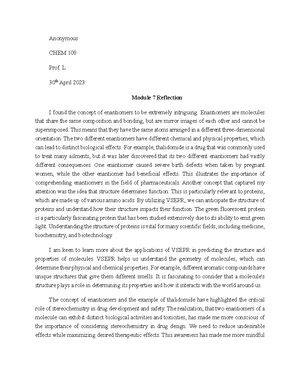 CHEM 108 Weekly Reflection 5 - Anonymous CHEM 108 Prof. L 13 April 2023 ...